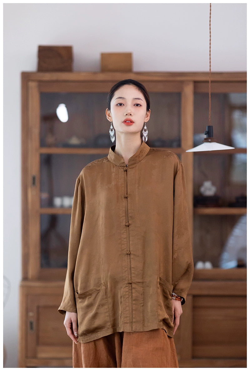 Chinese Button Cheongsam Top in Brown l Maison Cheongsam